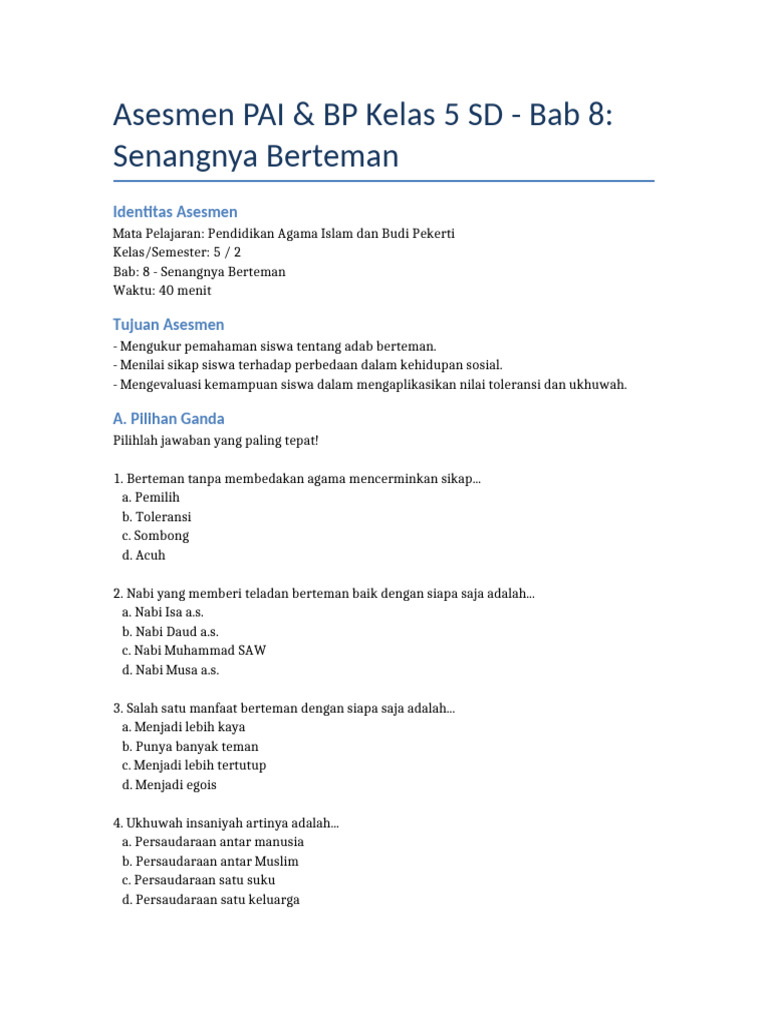 Asesmen PAI Kelas5 Bab8 Senangnya Berteman | PDF