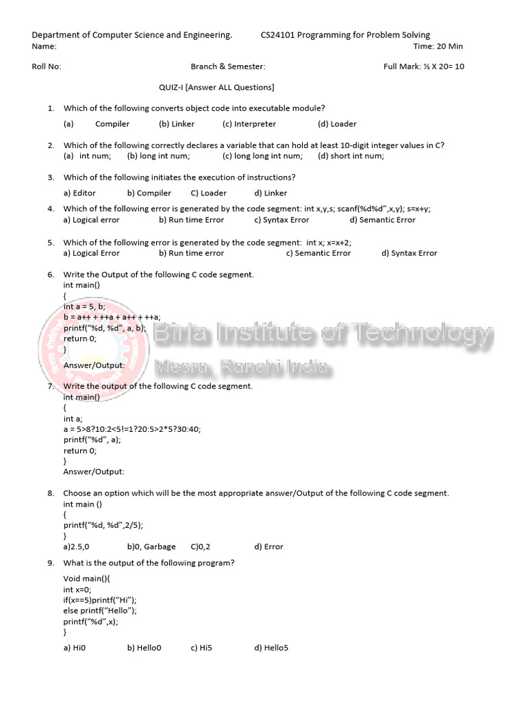 Quiz - I - PPS SP 2025 Set A | PDF | Integer (Computer Science) | Algorithms