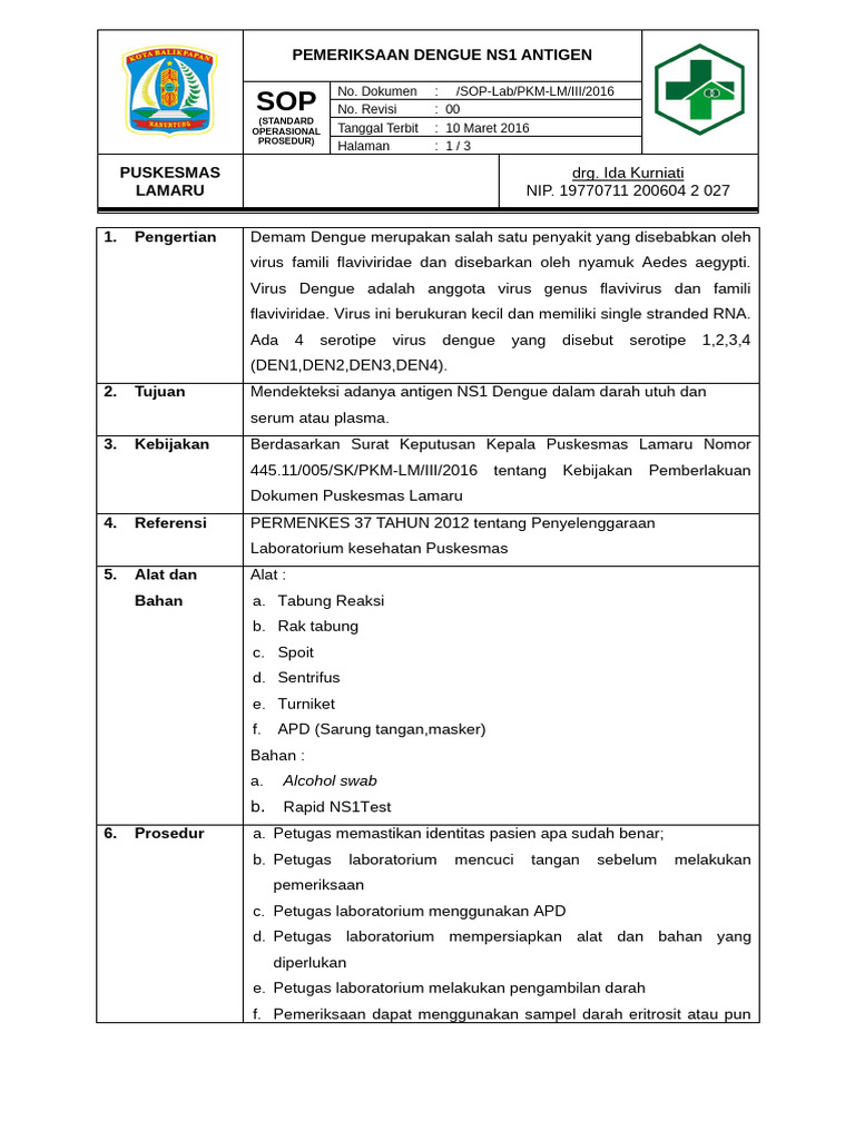 Sop 11 Pemeriksaan Dengue NS1 Antigen | PDF