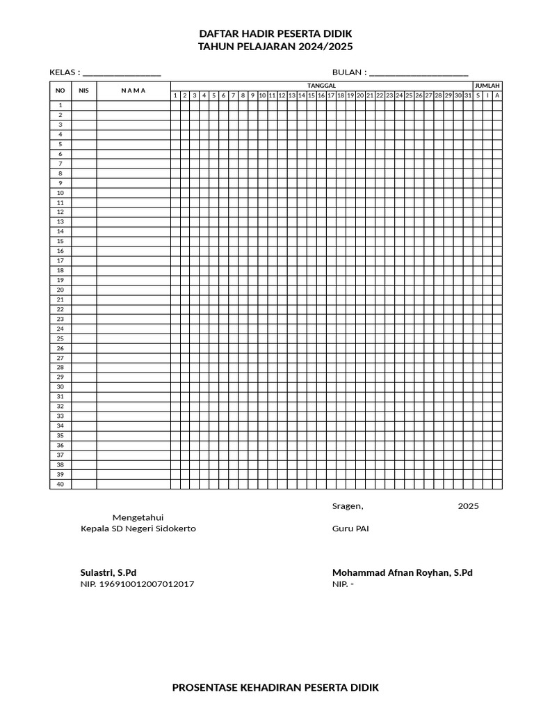 Buku Absen Siswa SD 2024/2025 | PDF