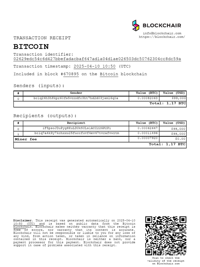 Bitcoin Transaction Receipt Details | PDF