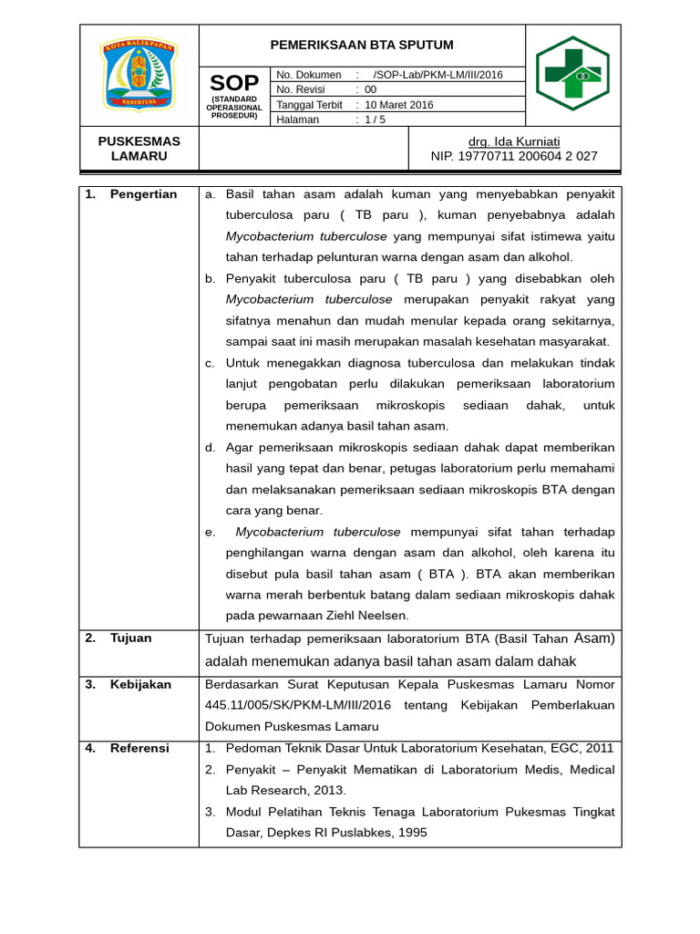 Sop 15 Pemeriksaan Bta Sputum | PDF