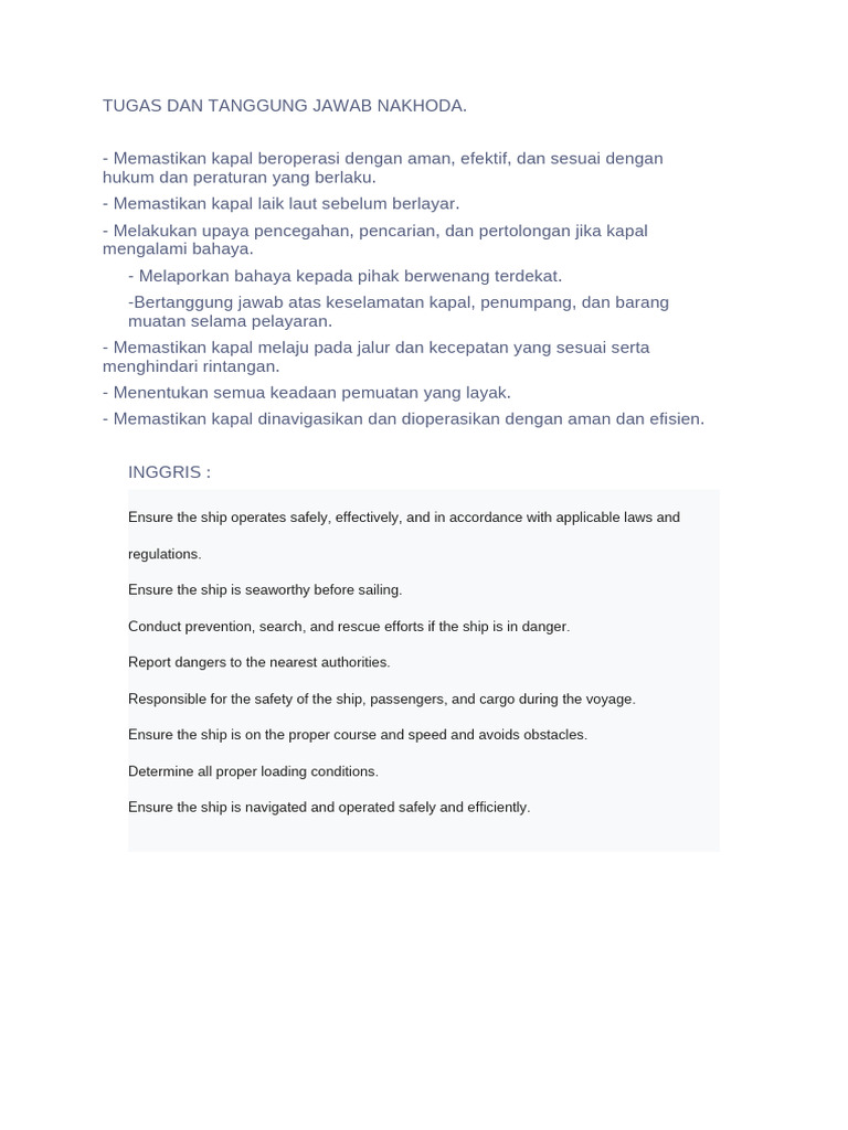 Tugas Dan Tanggung Jawab Nakhoda Kapal Crewboat | PDF