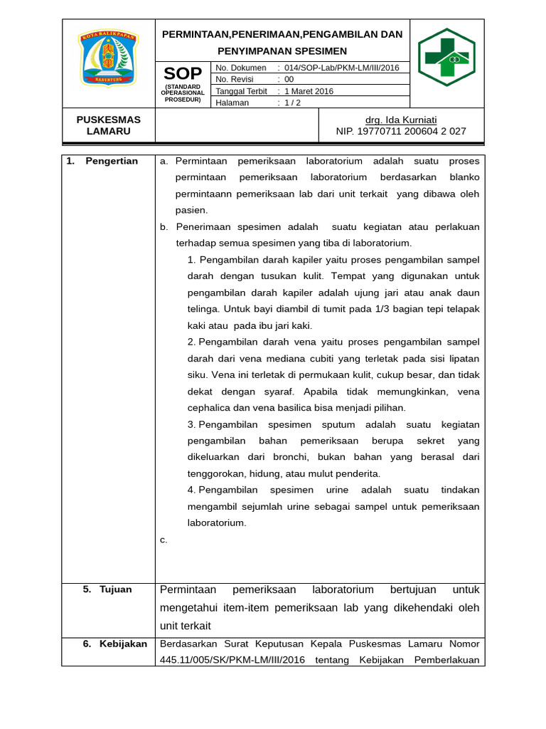 Sop Permintaan Pemeriksaan Lab | PDF