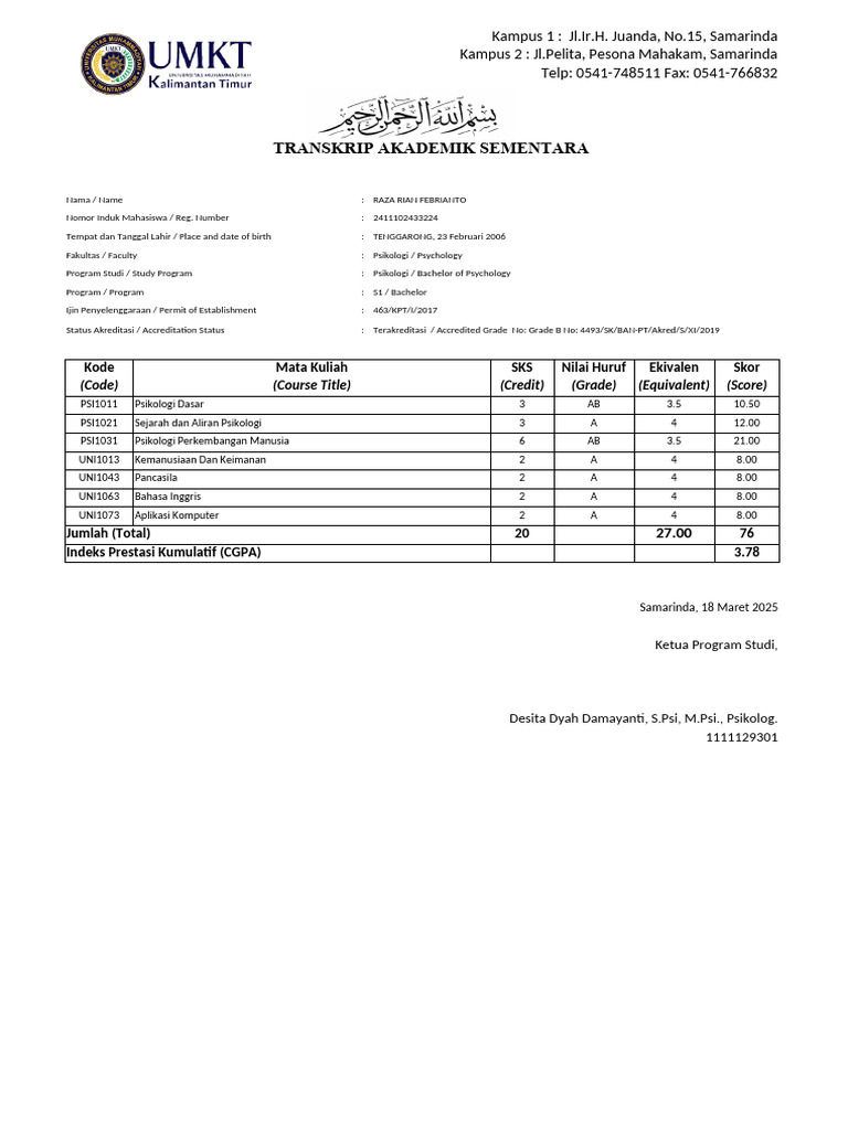 Cetak Transkrip 2411102433224 | PDF