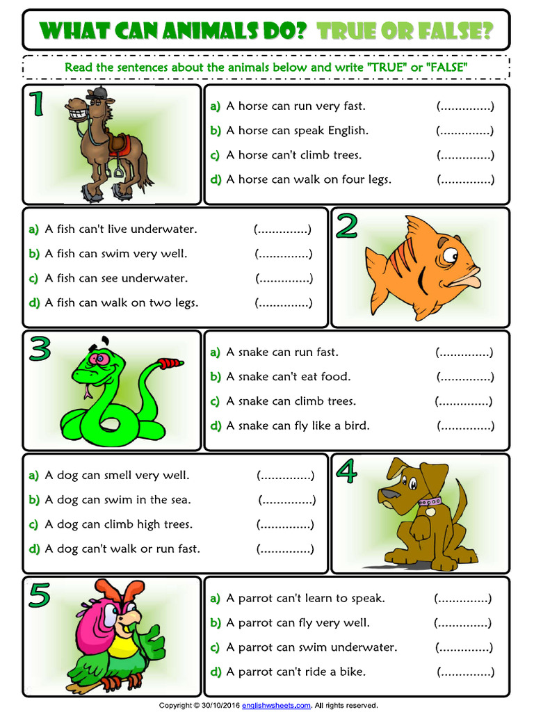 Ability and Inability True or False Esl Exercise Worksheet For Kids | PDF
