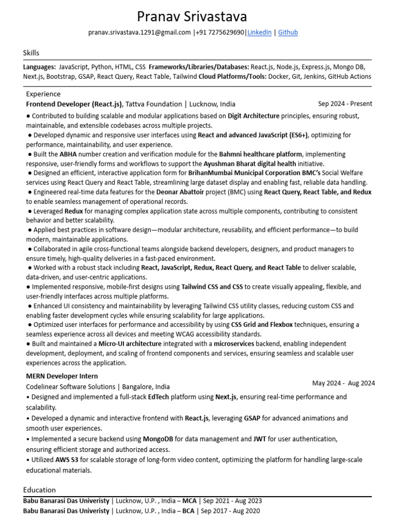 Pranav Srivastava Software Engineer Resume PDF | PDF | Scalability ...