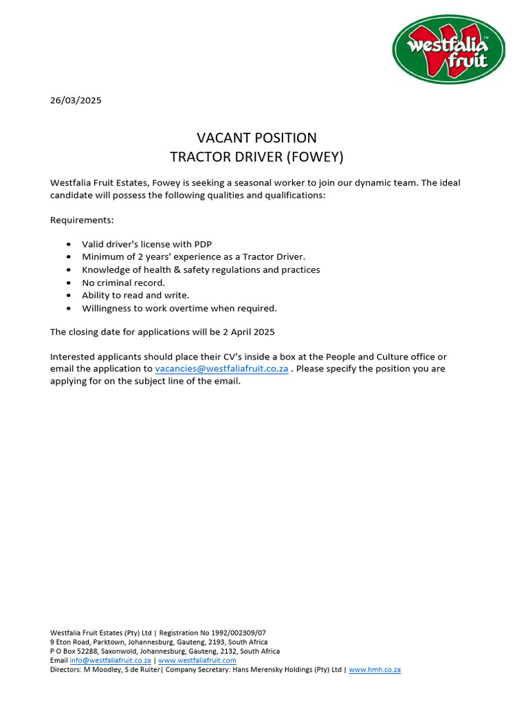 Tractor Driver - Advert - 2025 | PDF