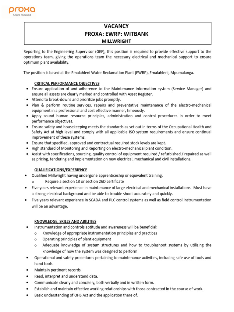Millwright Position at EWRP, Witbank | PDF