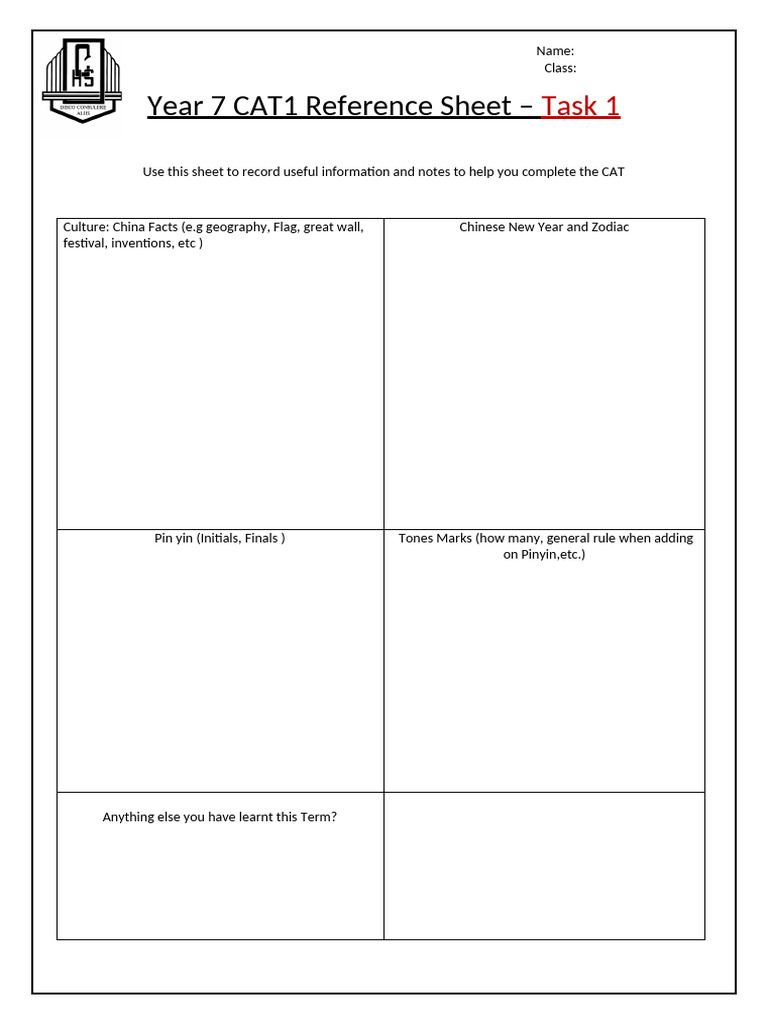 2024 - Y7 - CAT1 - Task1 - Reference Sheet | PDF