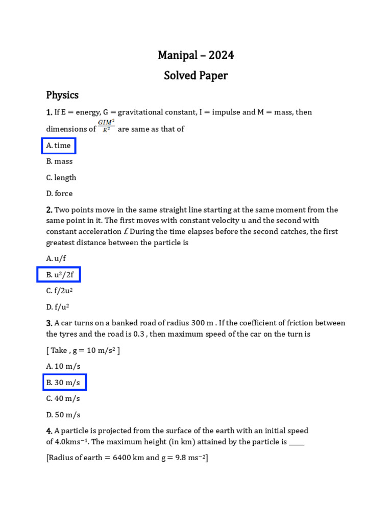 Manipal Previous Year Paper - 2024 - Manipal Paper - 2024 | PDF ...