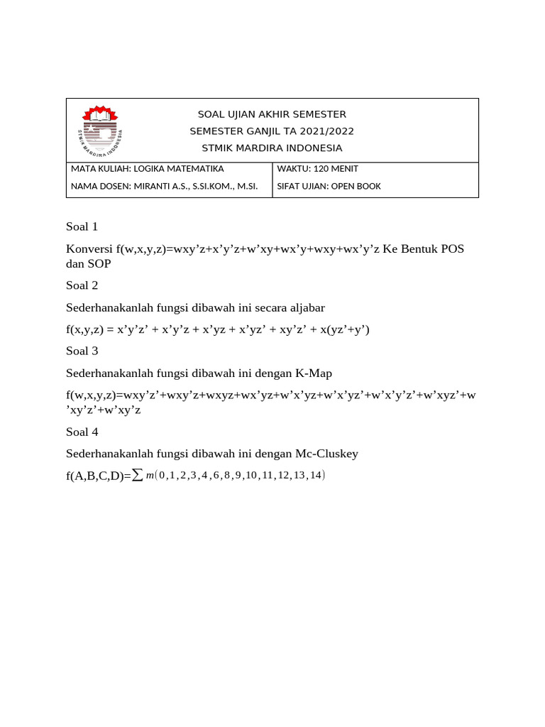 Kode 1 Soal Uas Logika Matematika | PDF