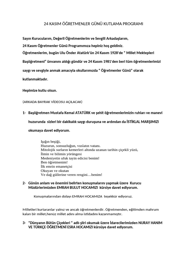 24 Kasim Öğretmenler Günü Kutlama Programi | PDF