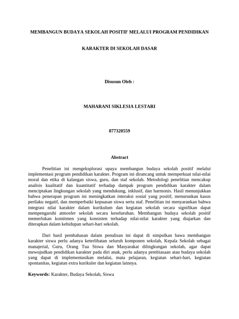 Membangun Budaya Sekolah Positif Melalui Program Pendidikan Karakter Di Sekolah Dasar | PDF