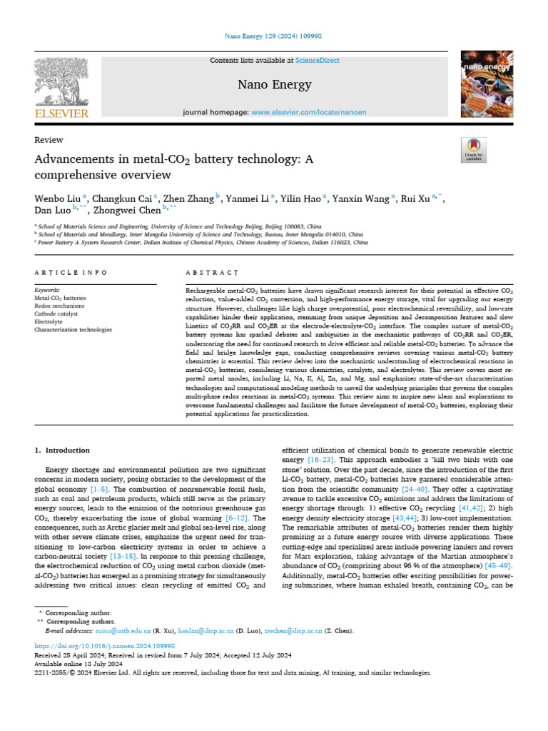 Metal-CO2 Battery Advances Overview | PDF | Electrochemistry | Redox