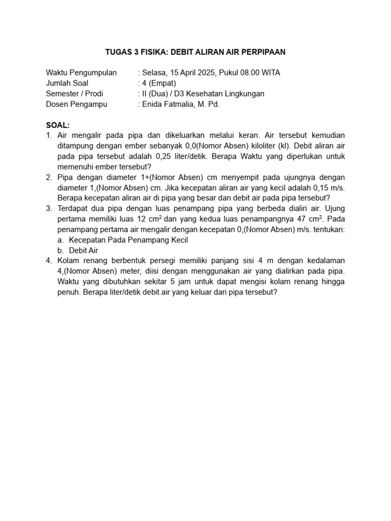 Tugas 3 Fisika Debit Aliran Air Perpipaan | PDF