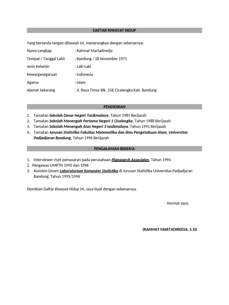 CV Rahmat Martadiredja 1996 | PDF