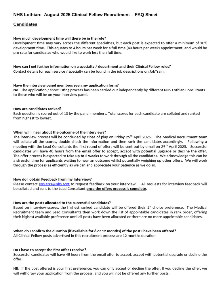 Clinical Fellow FAQs 2025 - Candidate | PDF | Recruitment
