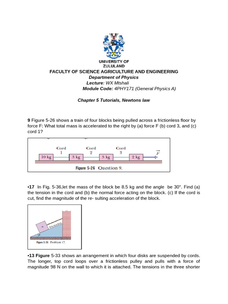 Tutorial Chapter 5, Newtons Laws | PDF | Tension (Physics) | Force