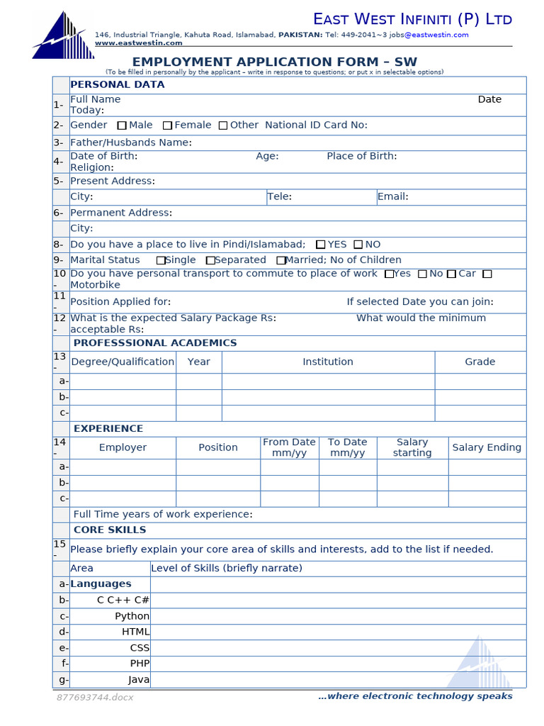 Employment Application Form - East West Infiniti | PDF | Computing ...