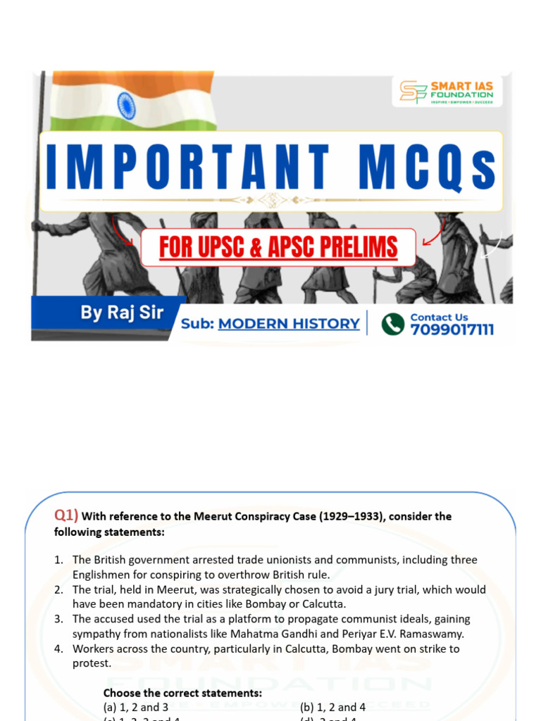 Important Mod His MCQS Set 1 - Smart Ias | PDF | British India | Indian Nationalism
