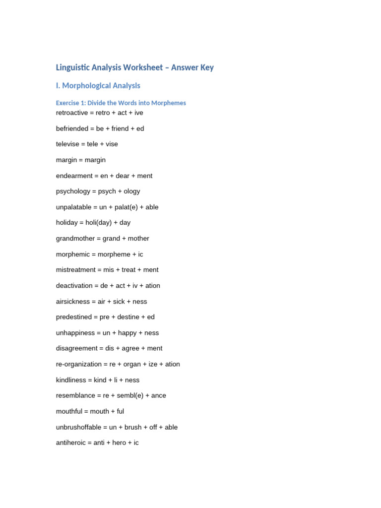 Linguistic Analysis Worksheet Key | PDF | Word | Semantic Units