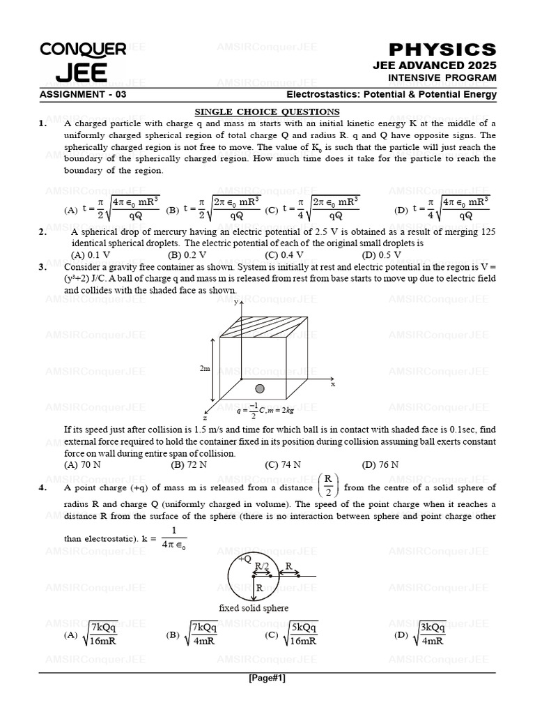 03 Assign - Electrostatics - Potential & Potential Energy - SC | PDF | Force | Sphere