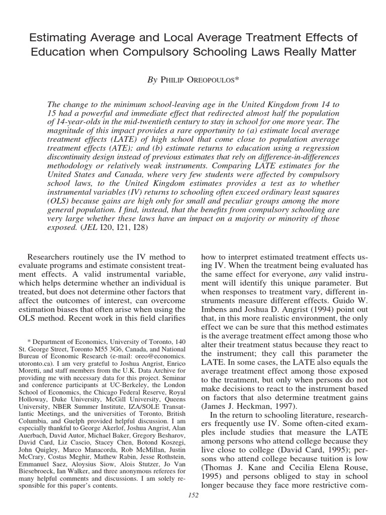 Oreopoulos (2006) - Compulsory Scholing Law-1 | PDF | Ordinary Least ...