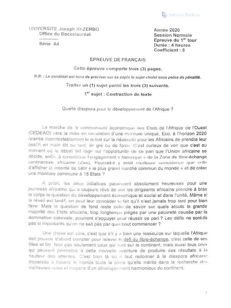 Bac2020 A4 Francais Tr1 | PDF