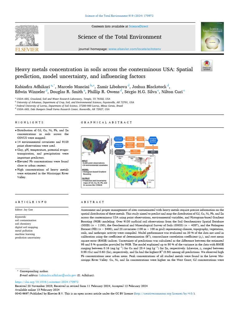 Adhikari Et Al - 2024 - Heavy Metals Soils USA | PDF | Cross Validation (Statistics) | Soil