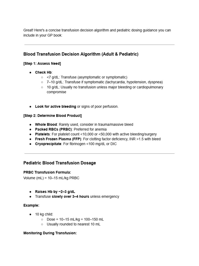 Blood Transfusion Guidelines for Adults & Kids | PDF