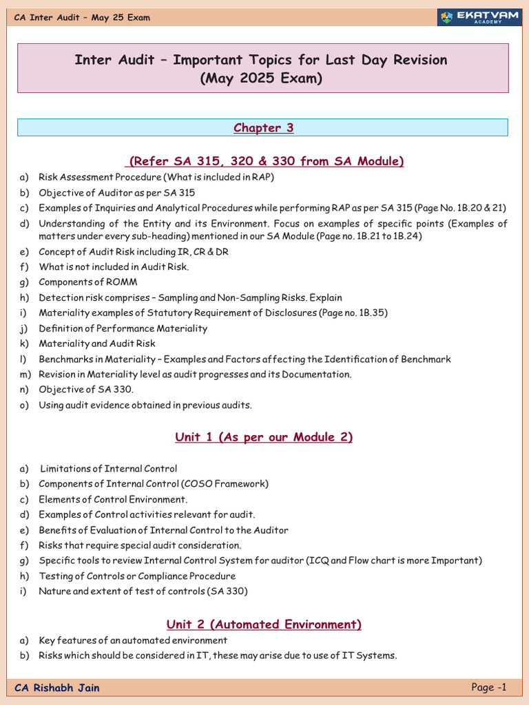 CA Inter Audit: Key Topics for Revision | PDF | Internal Control | Audit