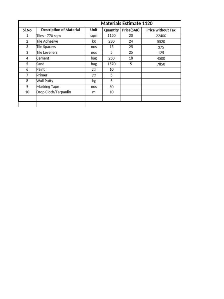 Materials Estimate 1120 | PDF