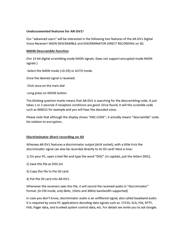 AR-DV1 Undocumented Features | PDF