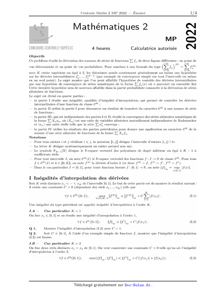 MP MATHS CENTRALE 2 2022.enonce | PDF
