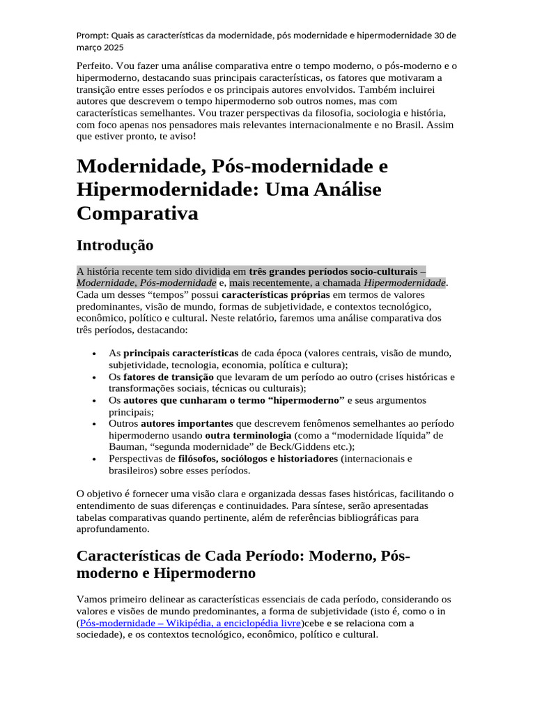 Modernidade, pós modernidade e hipermodernidade | PDF | Modernidade | Economia