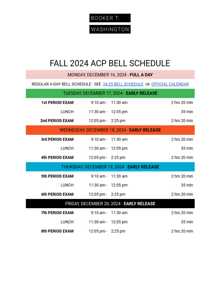 ACP Bell Schedule - Fall 24 | PDF