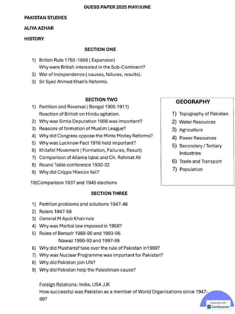 Aliya Azhar History Guess Topics - Caien | PDF