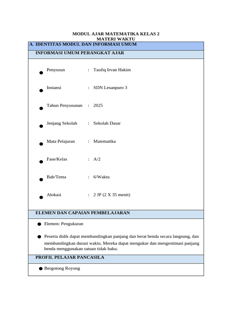 Modul Ajar Matematika Kelas 2: Waktu | PDF