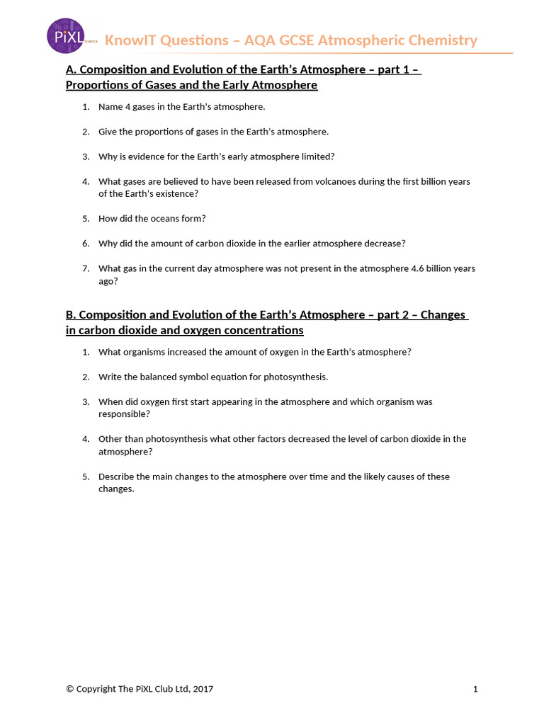Chemistry of The Atmosphere Recall Questions | PDF | Atmosphere ...