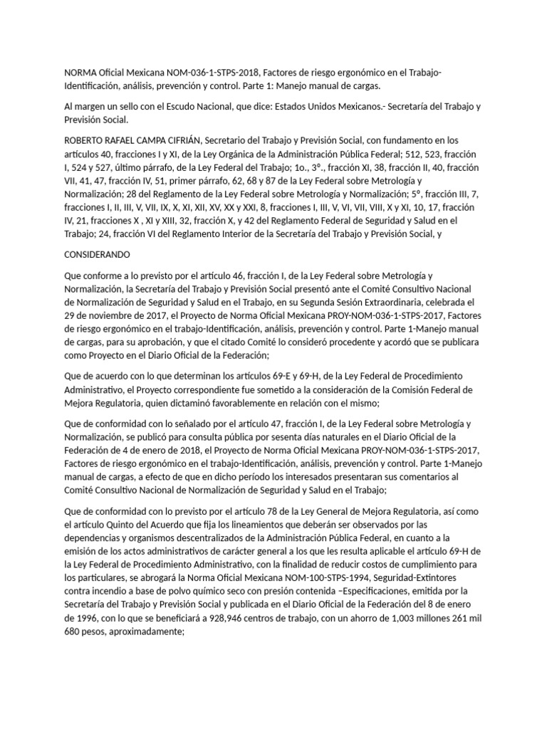 Norma NOM-036-1-STPS-2018: Ergonomía Laboral | PDF | Seguridad y salud ...