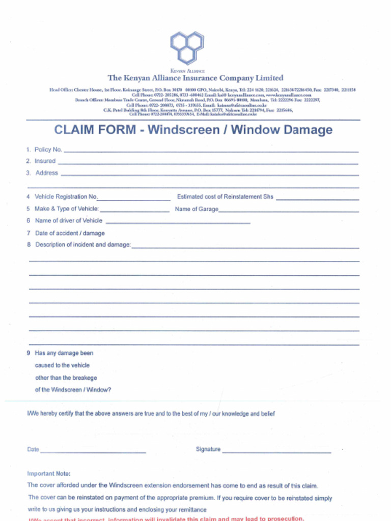 Windscreen Claim | PDF