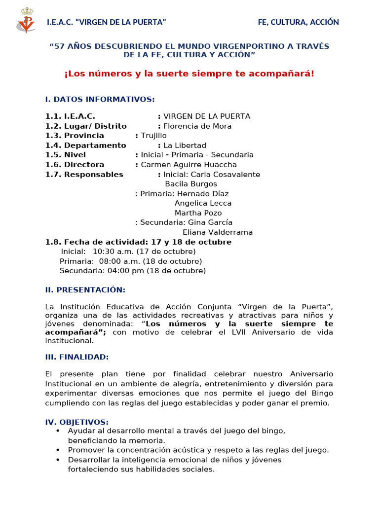 Plan Bingo Virgenportino 2024 | PDF | Sicología | Cognición