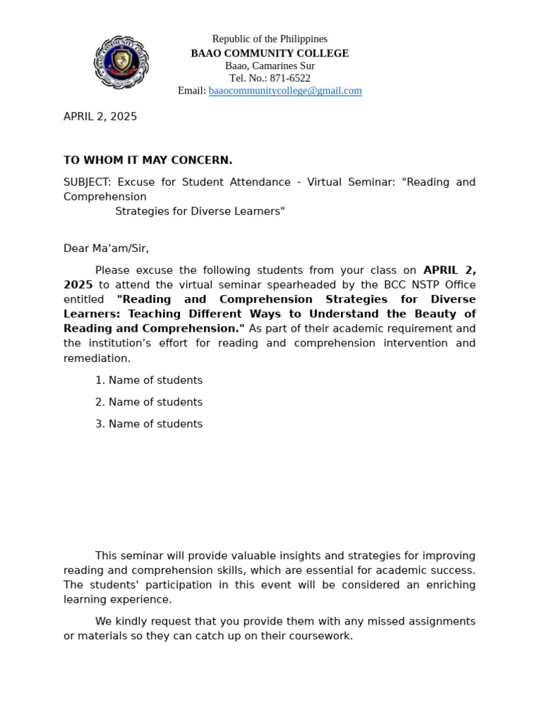 Student Attendance Excuse for Seminar | PDF