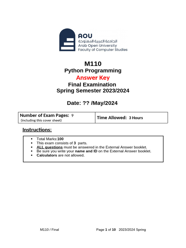 M110 Final Spring 23 24 Key | PDF | Control Flow | Computer Engineering
