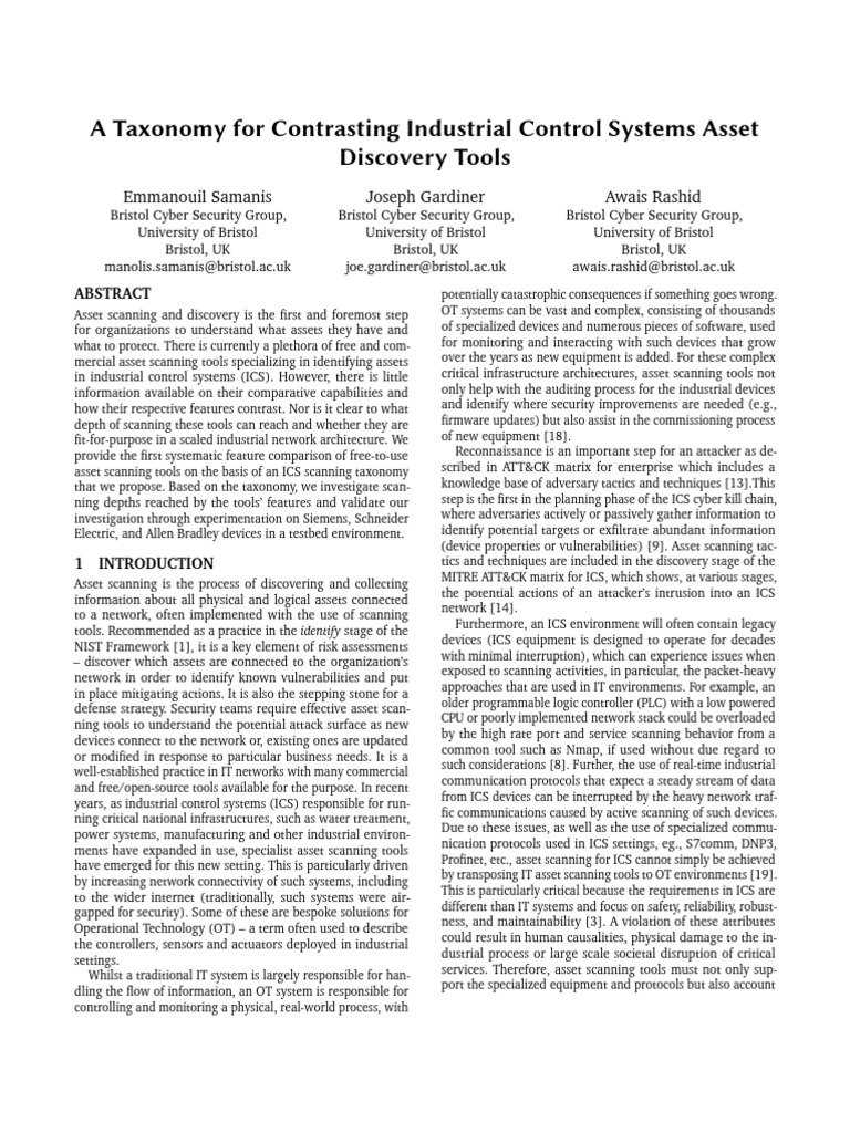 A Taxonomy for Contrasting Industrial Control Systems Asset Discovery Tools | PDF | Computer ...