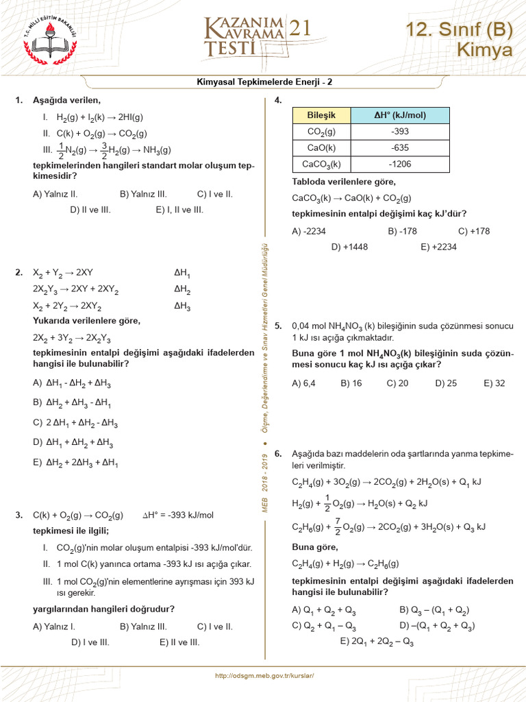 Sınıf (B) Kimya: Kimyasal Tepkimelerde Enerji - 2 | PDF