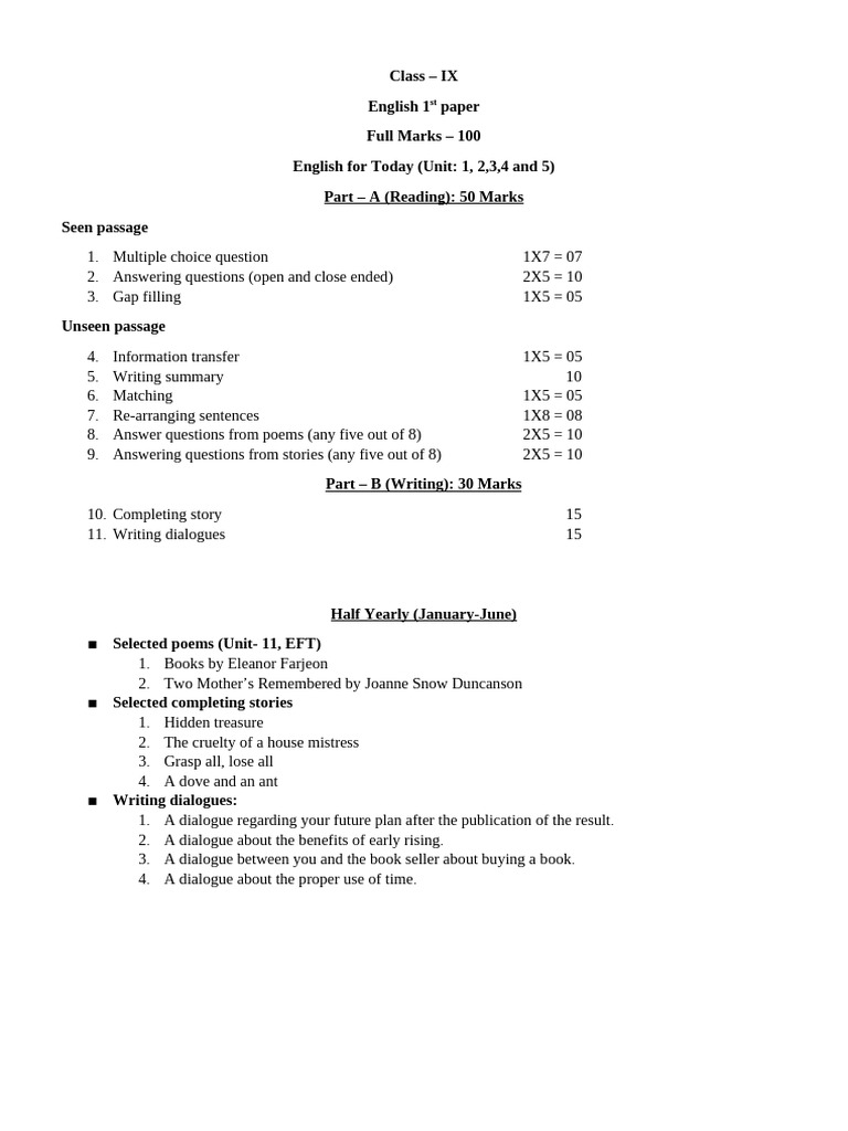 Half Yearly Syllabus , Class IX | PDF | Question | Linguistic Typology