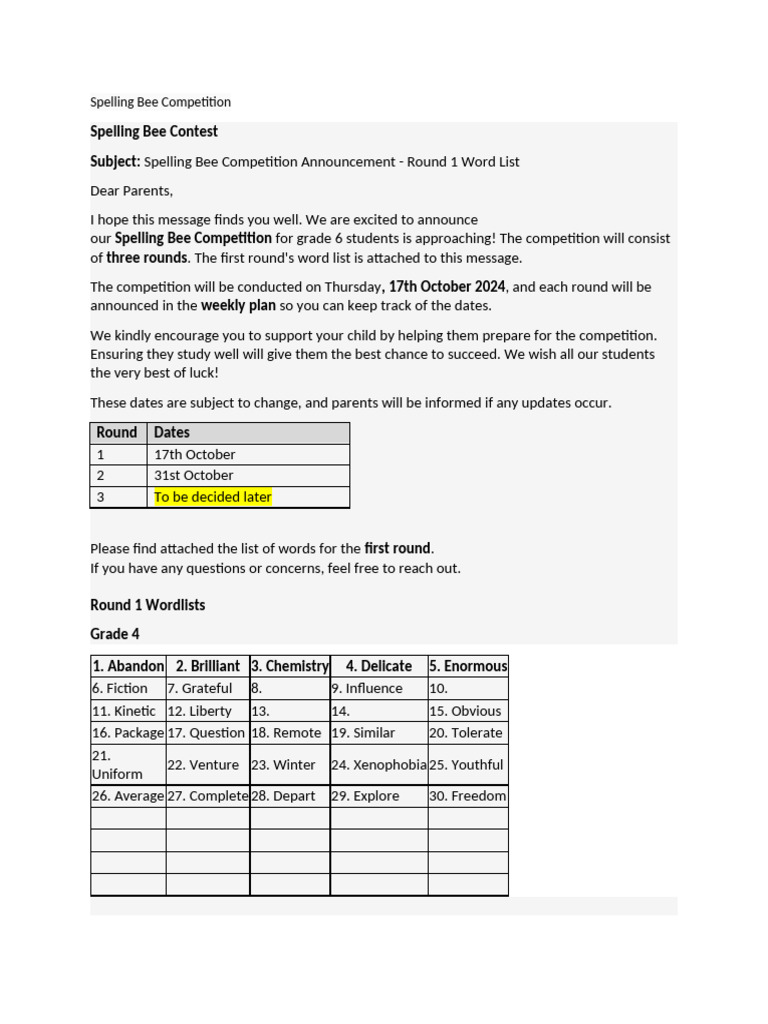 Grade 4 Spelling Bee Competition Details | PDF