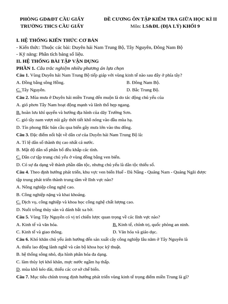 Địa 9.ĐÁP ÁN ĐỀ CƯƠNG.CK2 (1) | PDF